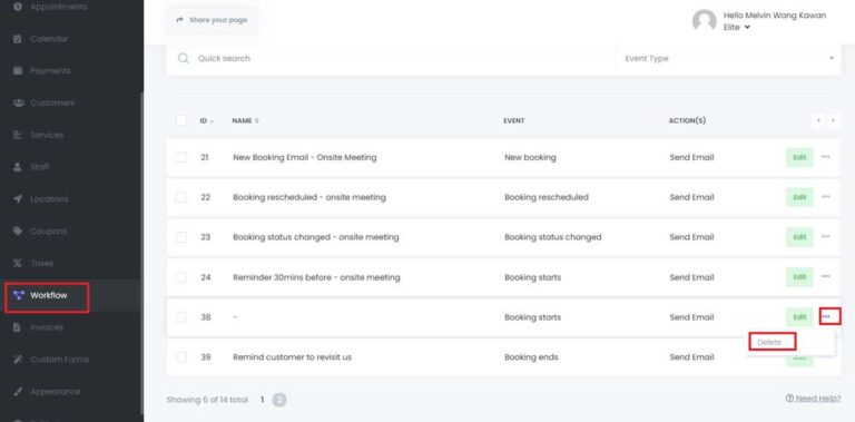 How to delete workflow - AutoAppointment.io